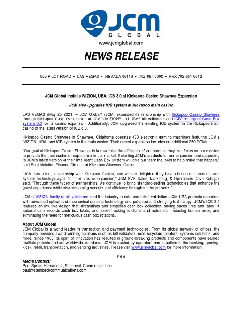 JCM Global Installs iVIZION, UBA, ICB 3.0 at Kickapoo Casino Shawnee ...