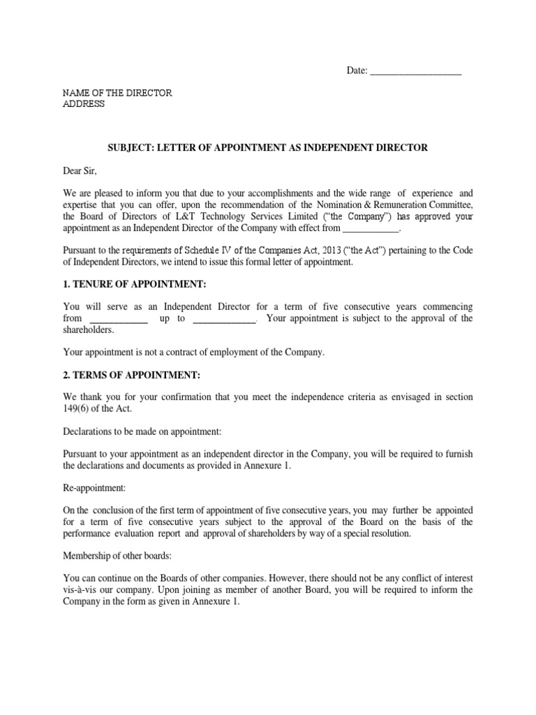 Independent Director Appointment Letter | PDF | Legal Liability ...