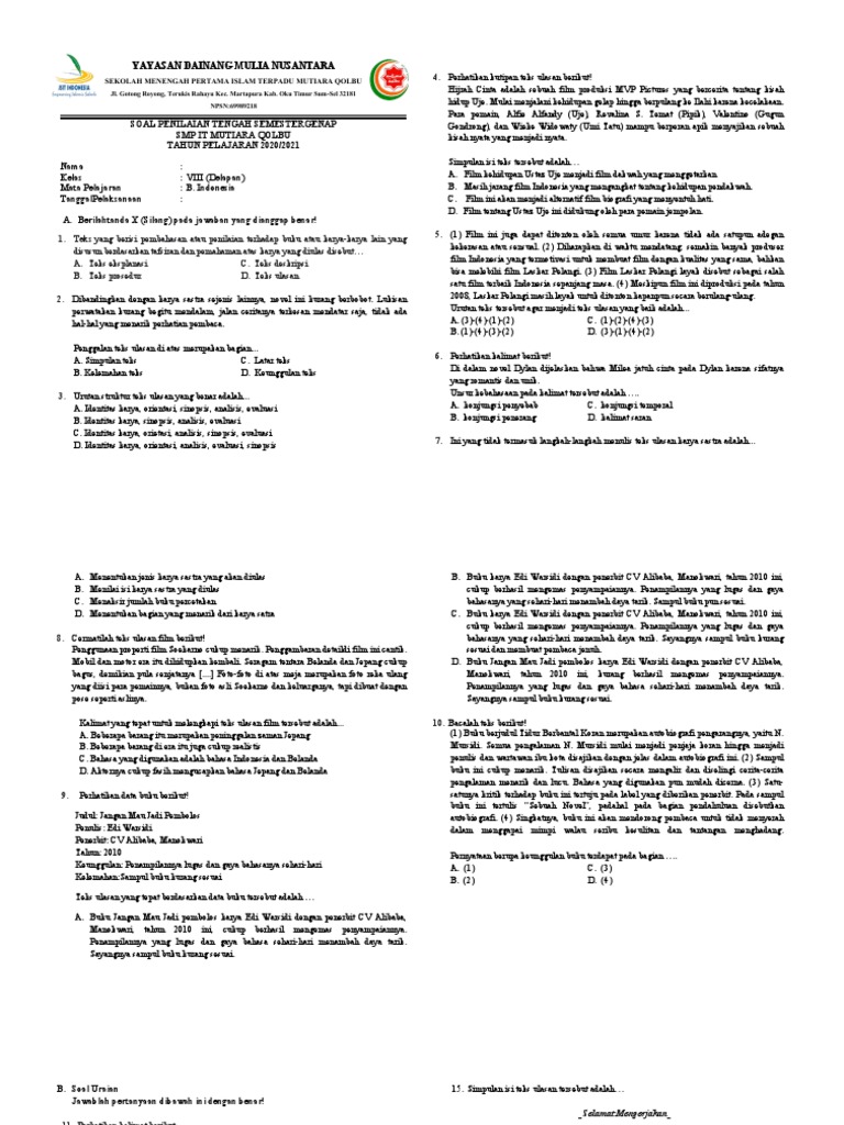Soal PTS B.indonesia Kelas 8 | PDF