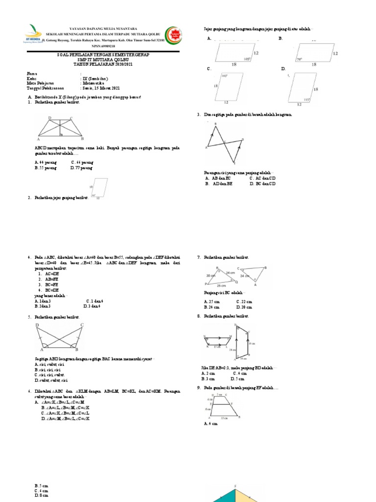 Soal PTS Matematika Kelas 9 | PDF