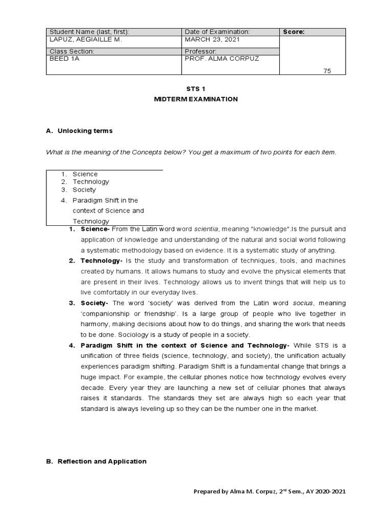 Lapuz, Aegiaille M. Sts 1 Midterm Exam | PDF | Science | Society