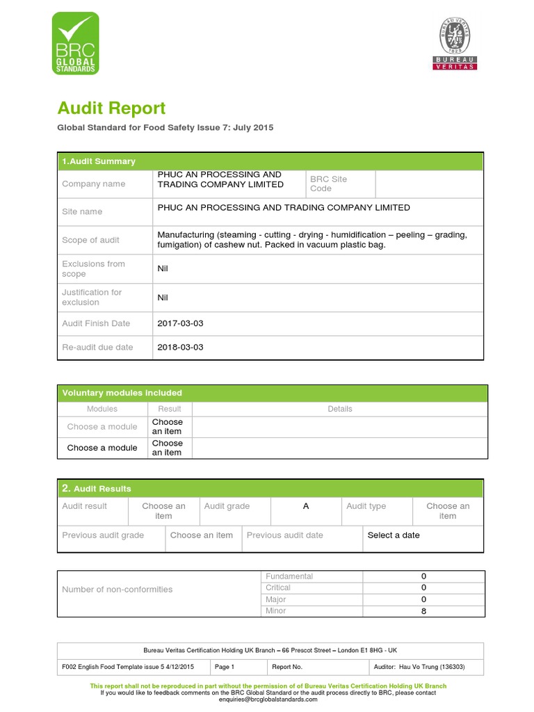 2.audit Report BRC | PDF | Hazard Analysis And Critical Control Points | Food Safety
