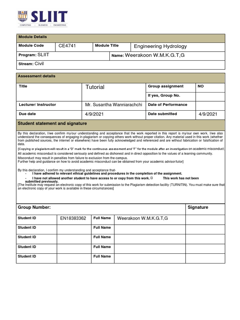 Tutorial: CE4741 Sliit Civil | PDF | Academic Dishonesty | Plagiarism