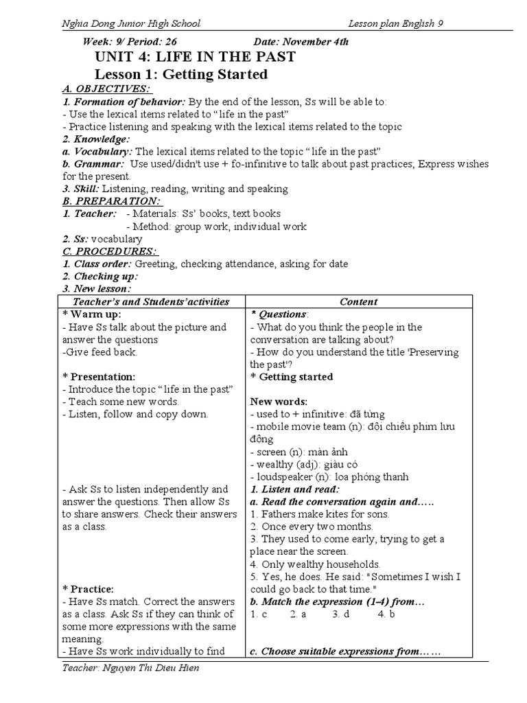 Unit 4: Life in The Past Lesson 1: Getting Started: Nghia Dong Junior ...