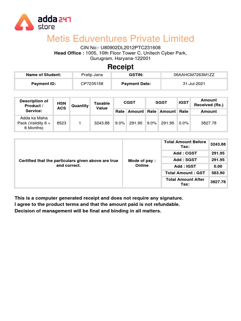 Metis Eduventures Payment Receipt | PDF