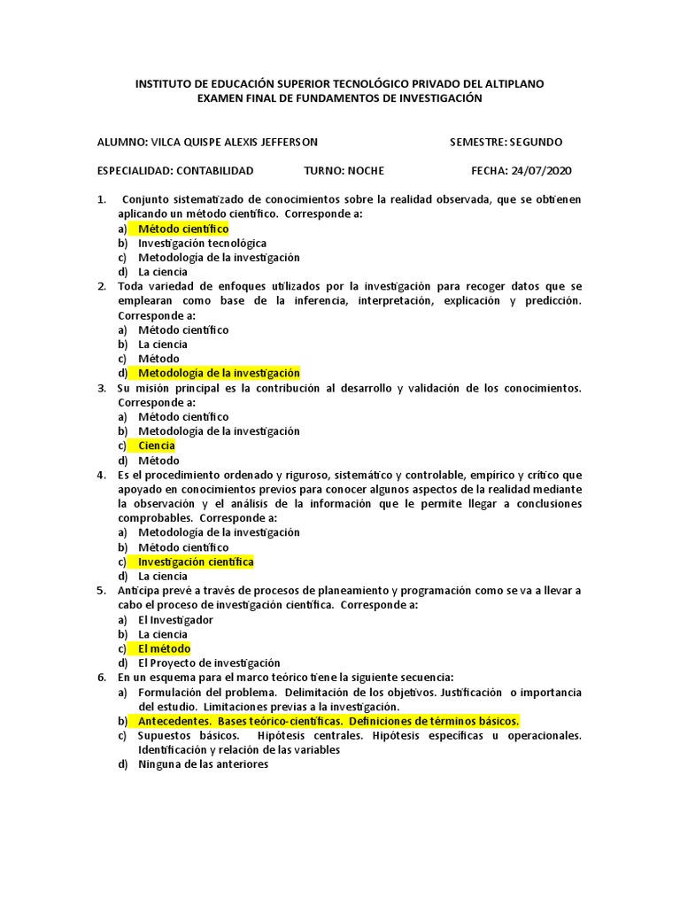 Examen Final de Fundamentos de Investigación | PDF | Método científico ...
