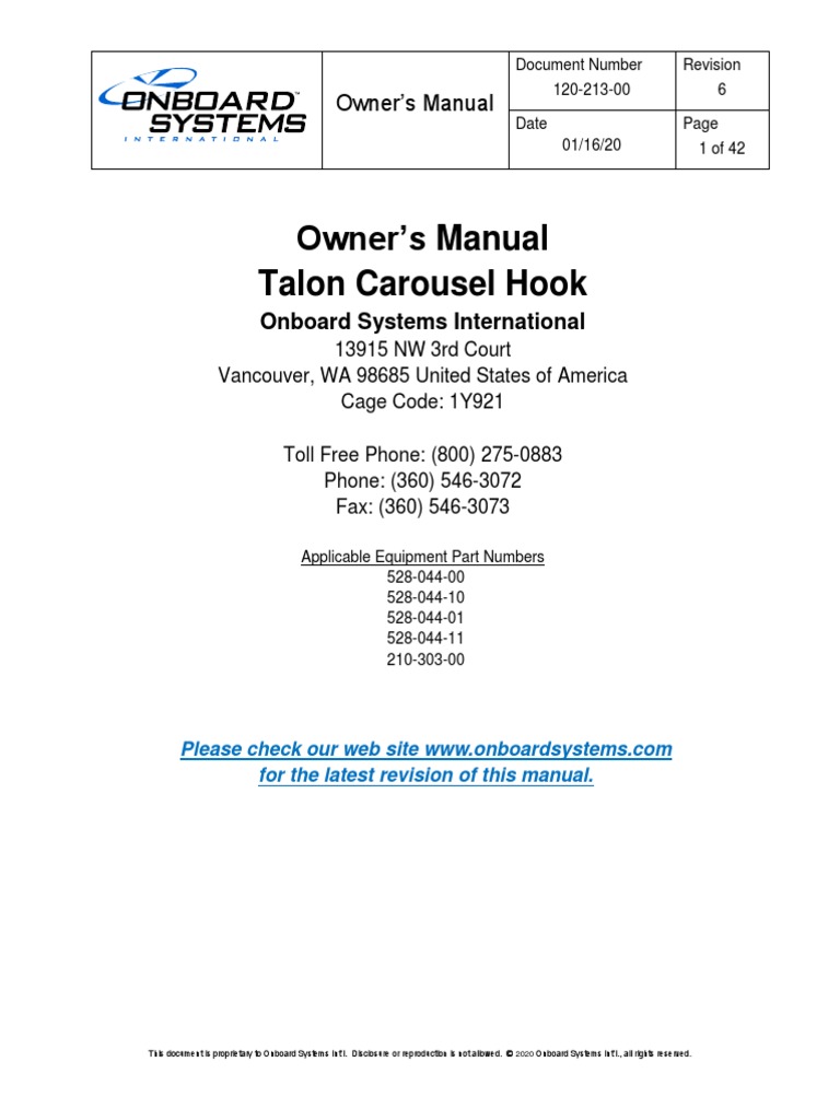 Owner's Manual Talon Carousel Hook: Onboard Systems International | PDF ...