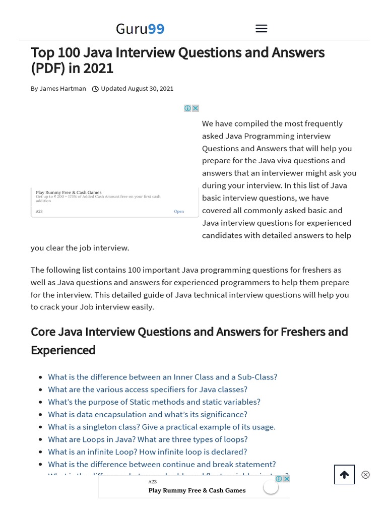 Top 100 Java Interview Questions and Answers (PDF) in 2021 | PDF ...