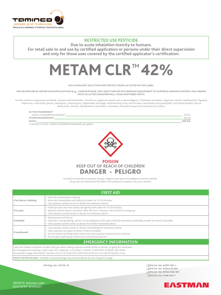 Metam CLR 42%: Danger - Peligro | PDF | Berry | Personal Protective Equipment