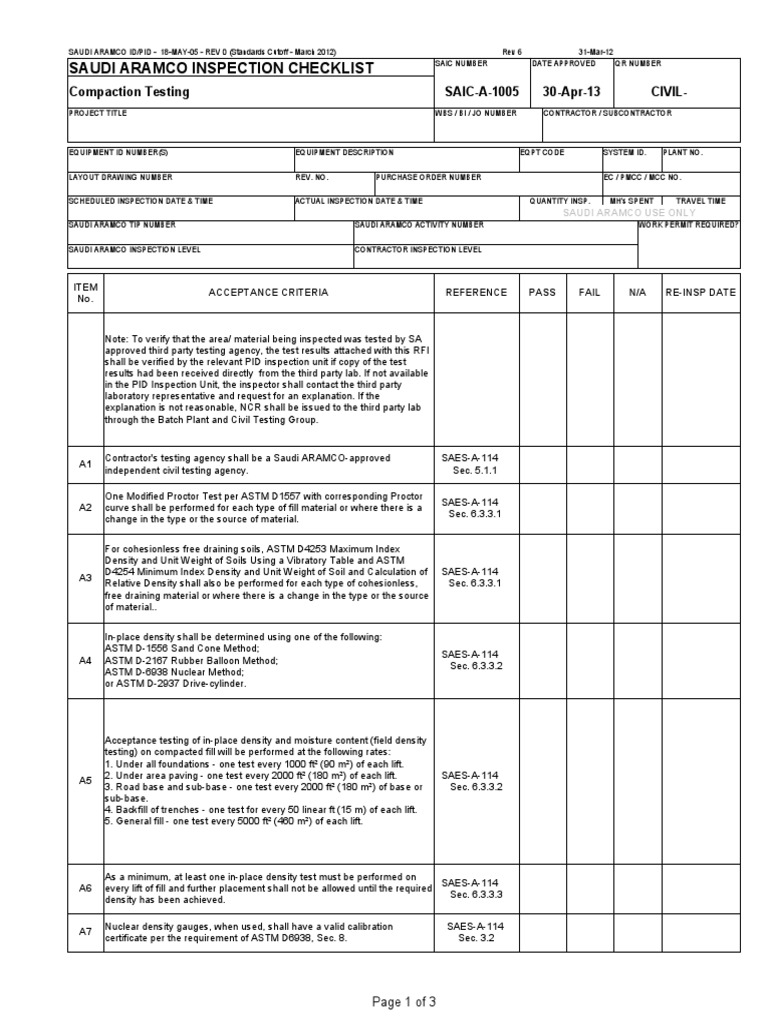 Saudi Aramco Compaction Testing Checklist | PDF | Civil Engineering