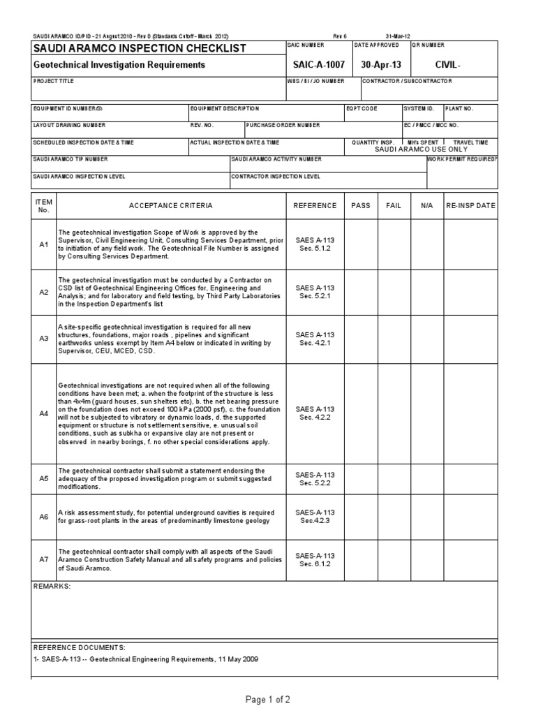 Saudi Aramco Inspection Checklist: Geotechnical Investigation ...