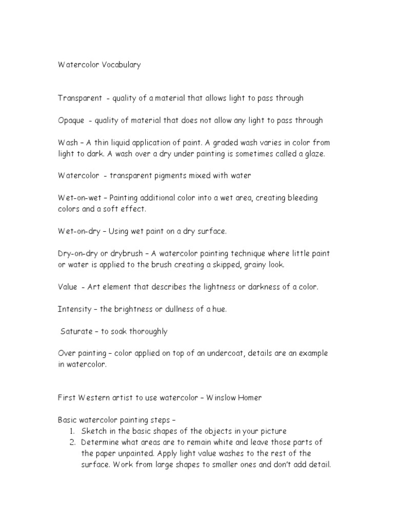 Watercolor Vocab With Def | PDF | Art