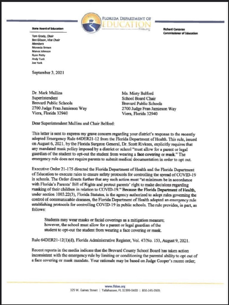 Florida Education Commissioner Letter To Brevard SChools | PDF