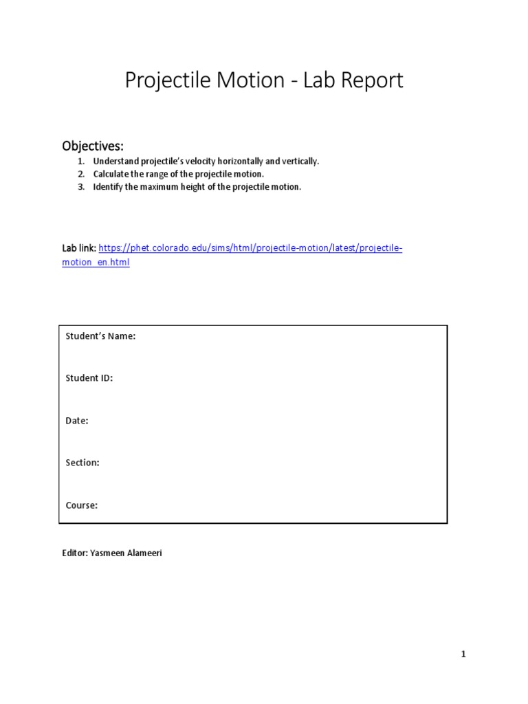 Projectile Motion Lab Report Yasmeen6432 | PDF | Projectiles | Gravity