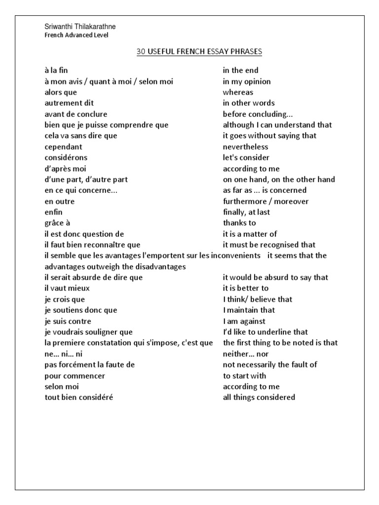 30 Useful French Essay Phrases | PDF