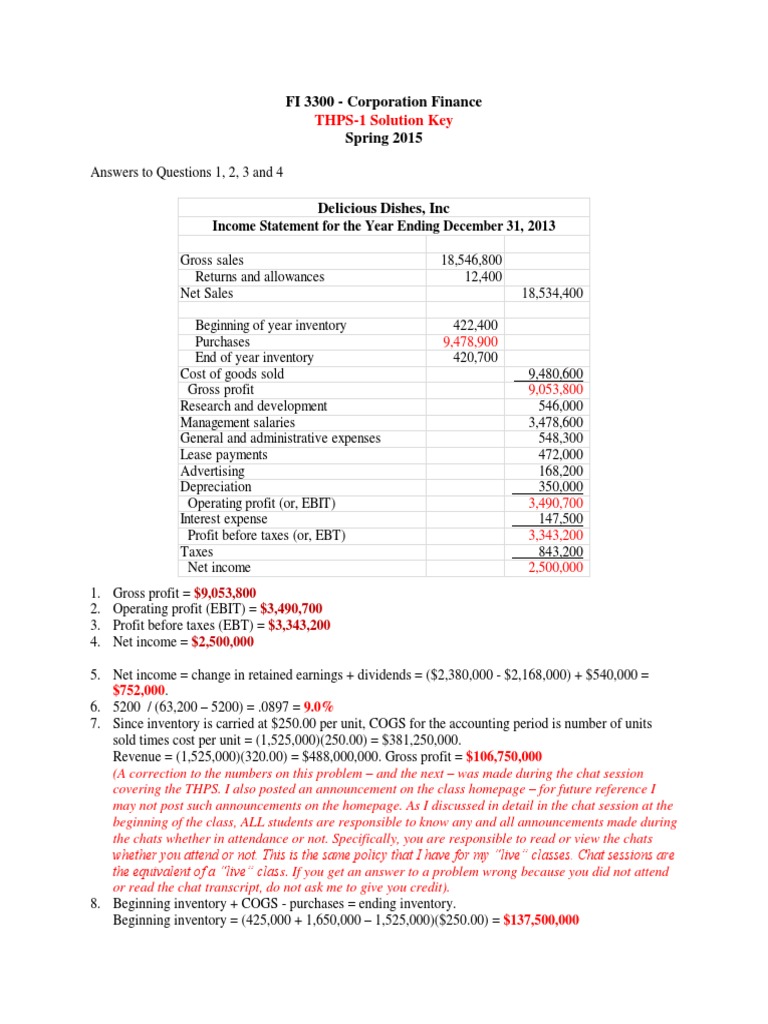 FI 3300 - Corporation Finance Spring 2015: THPS-1 Solution Key | PDF ...