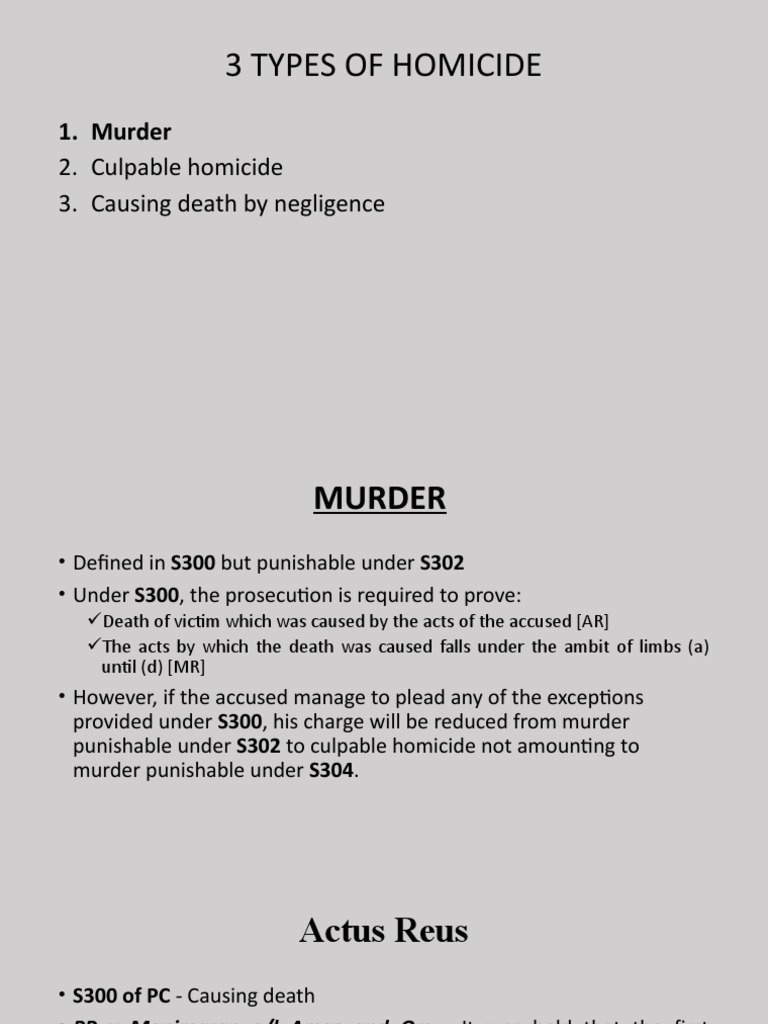 3 Types of Homicide: 1. Murder | PDF | Mens Rea | Negligence