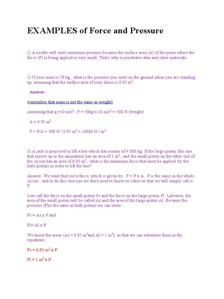 EXAMPLES of Force and Pressure | PDF