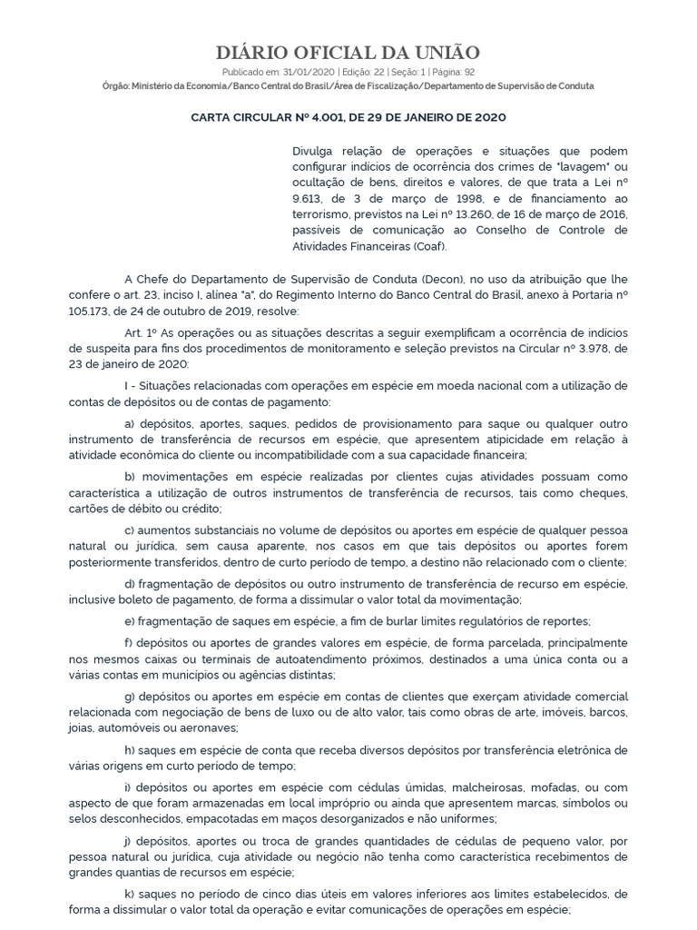 Carta Circular Nº 4.001, de 29 de Janeiro de 2020 | PDF | Finanças e ...