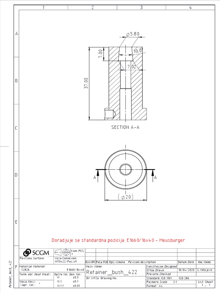 Engineering drawing of a retainer bush assembly with detailed views ...