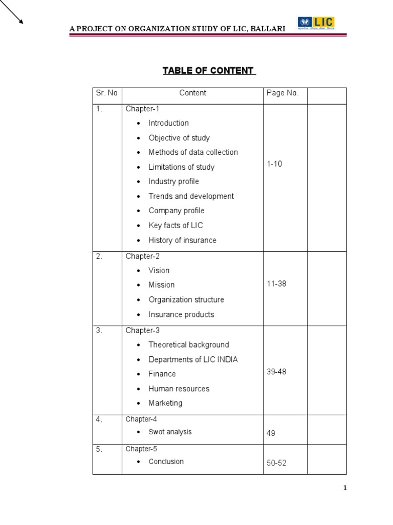 Table of Content: A Project On Organization Study of Lic, Ballari | PDF ...