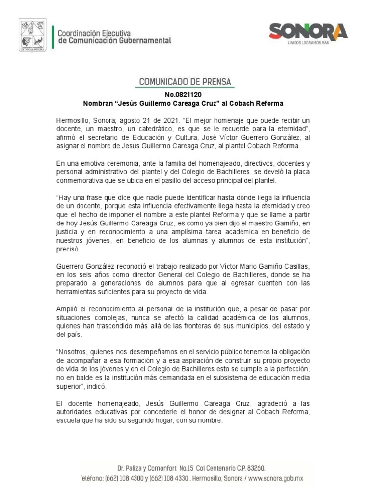 21-08-21 Nombran "Jesús Guillermo Careaga Cruz" Al Cobach Reforma | PDF ...