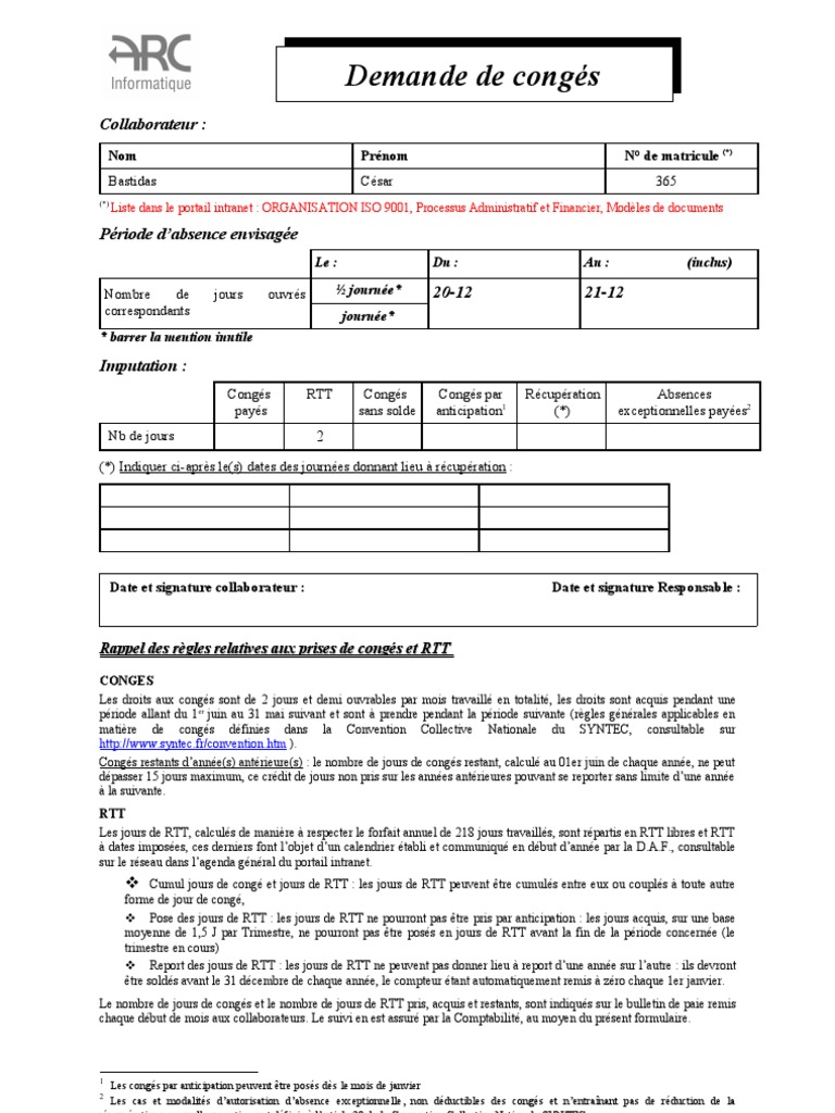 Formulaire de Demande de Congés1 | PDF | Bulletin de salaire (droit ...
