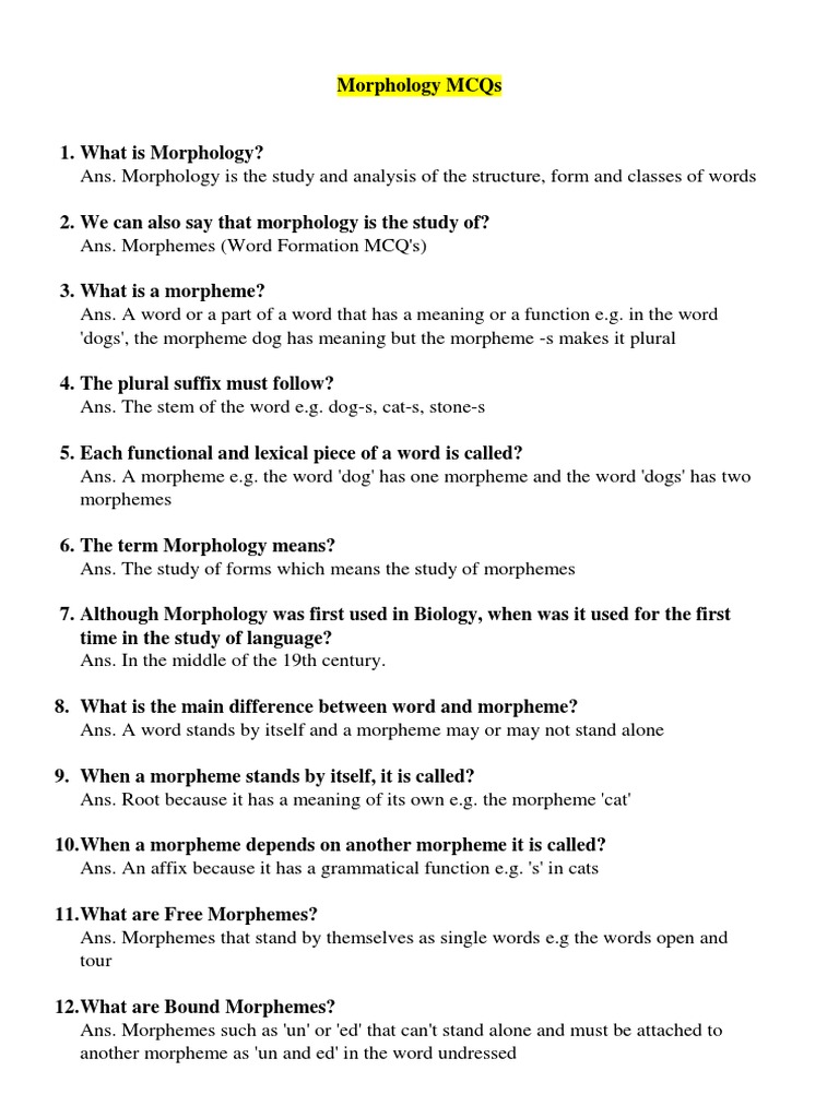 Morphology MCQs | PDF | Morphology (Linguistics) | Word