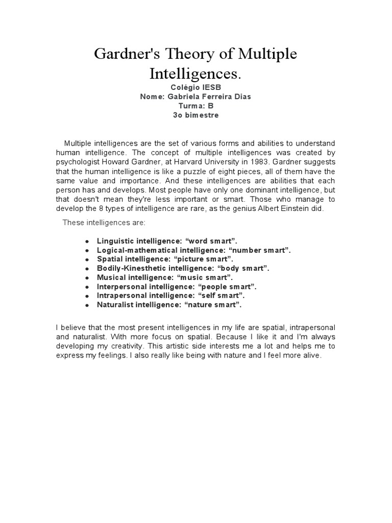 Gardner's Theory of Multiple Intelligences. | PDF | Self-Improvement ...