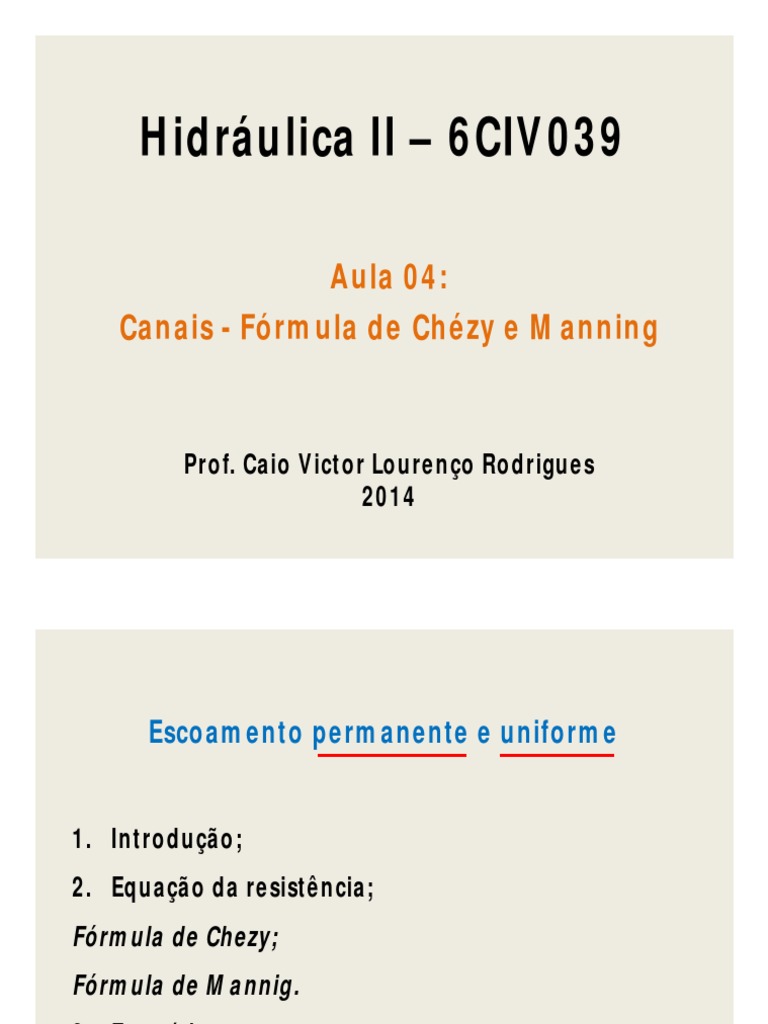 Aula 04 - Fórmula de Chézy e Manning | PDF | Mecânica de continuidade ...