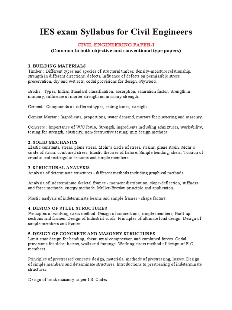 IES Exam Syllabus For Civil Engineers | PDF | Science And Technology | Strength Of Materials