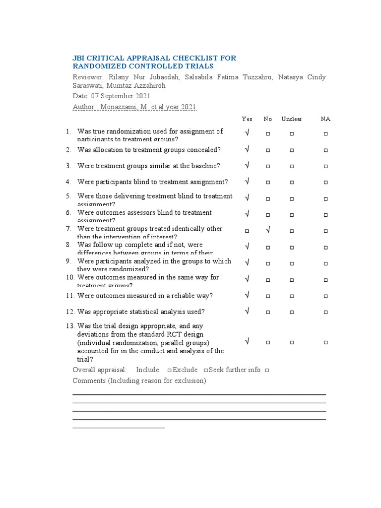 Jbi Critical Appraisal Checklist For Randomized Controlled Trials | PDF | Randomized Controlled ...