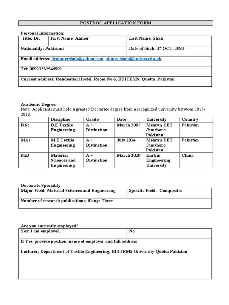 Postdoc Application Form 2 0 | PDF | Engineering | Science