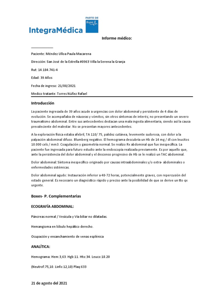 Informe Médico | PDF | Medicina CLINICA | Especialidades Medicas