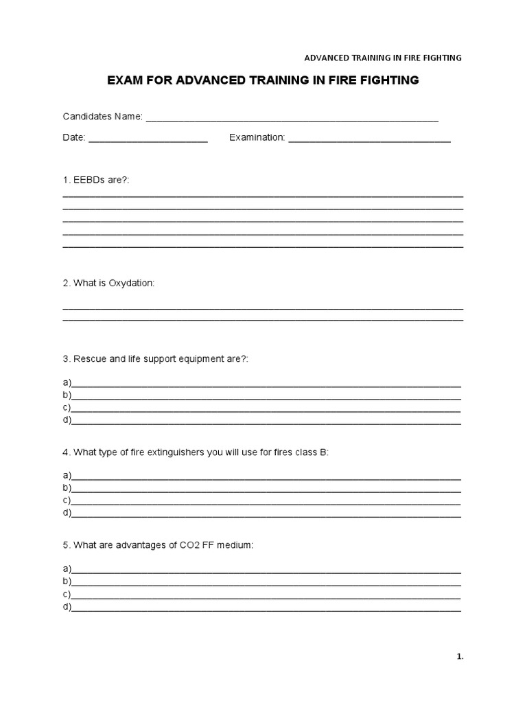 Advanced Fire Fighting Exam Questions | PDF | Firefighting | Combustion