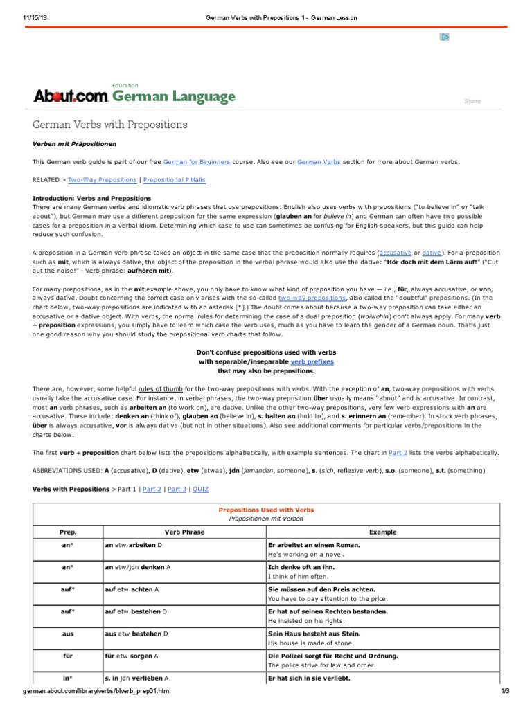 German Verbs with Prepositions Guide | PDF | Preposition And ...