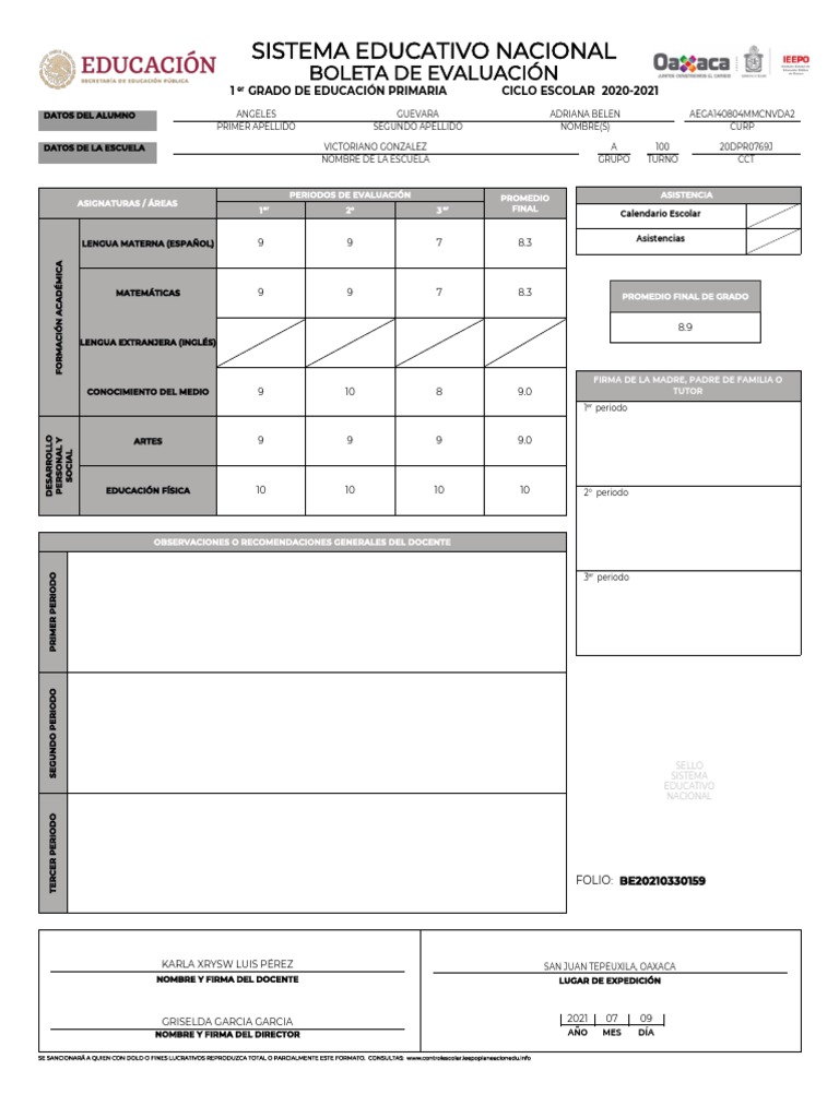 Boletas Primer Grado | PDF | Educación primaria | Estudiantes