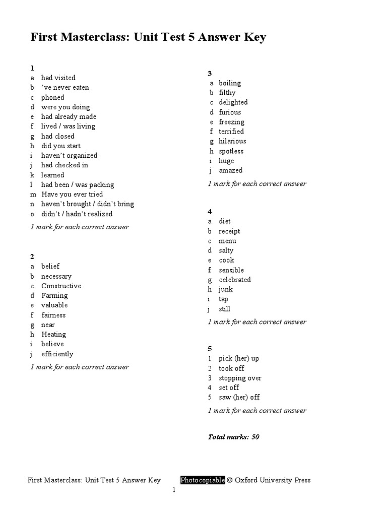 First Masterclass: Unit Test 5 Answer Key: 1 Mark For Each Correct ...