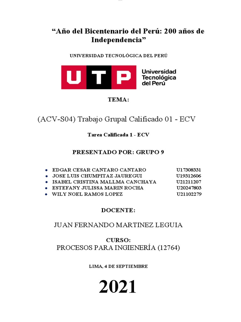 Tarea Calificada 1 - ECV. PROCESOS PARA INGIENERIA | PDF Tarea Calificada 1 - ECV. PROCESOS PARA INGIENERIA | PDF