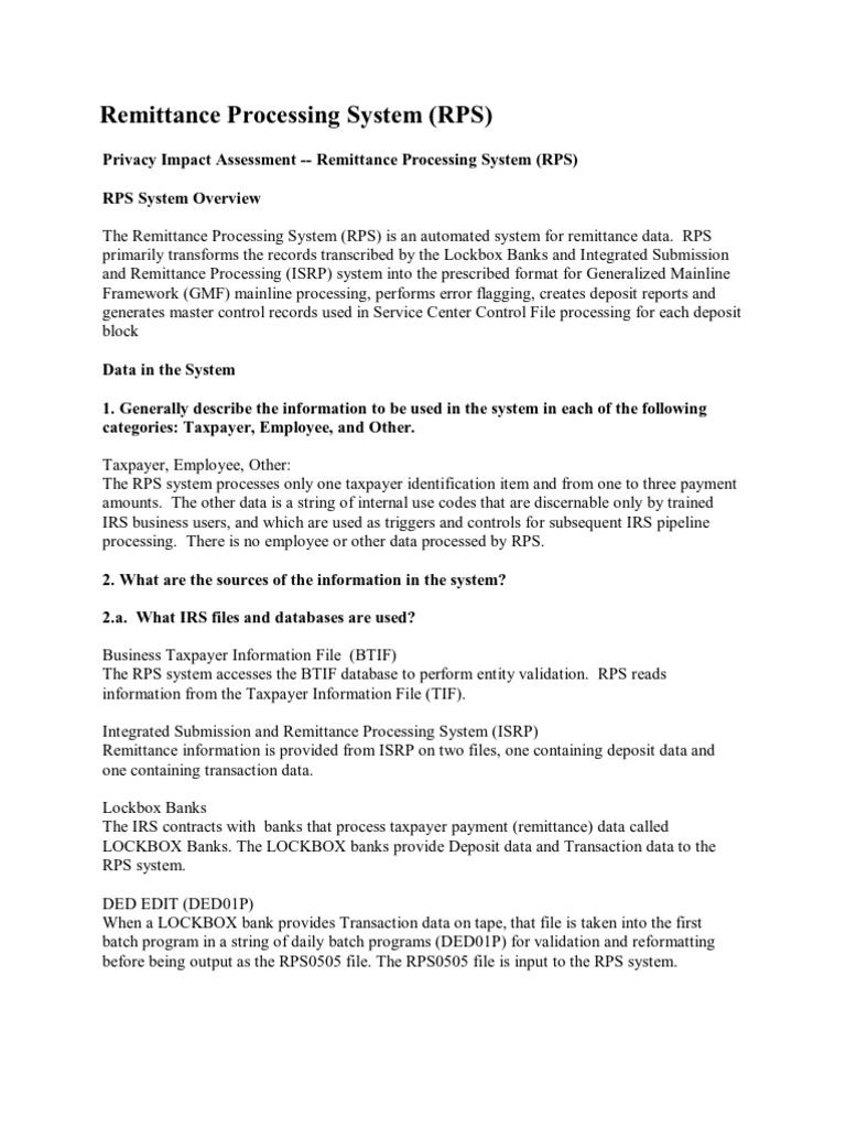 Remittance Processing System (RPS) | PDF | Internal Revenue Service | Databases