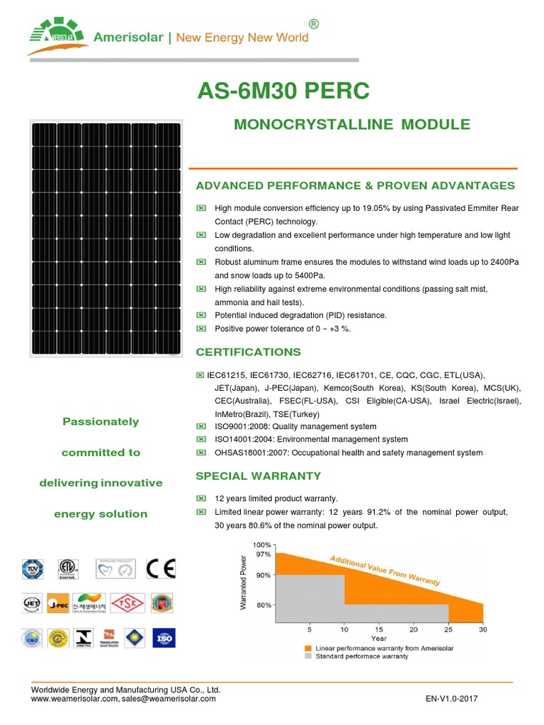 AS-6M30 PERC: Monocrystalline Module | PDF | Electrical Engineering | Electricity
