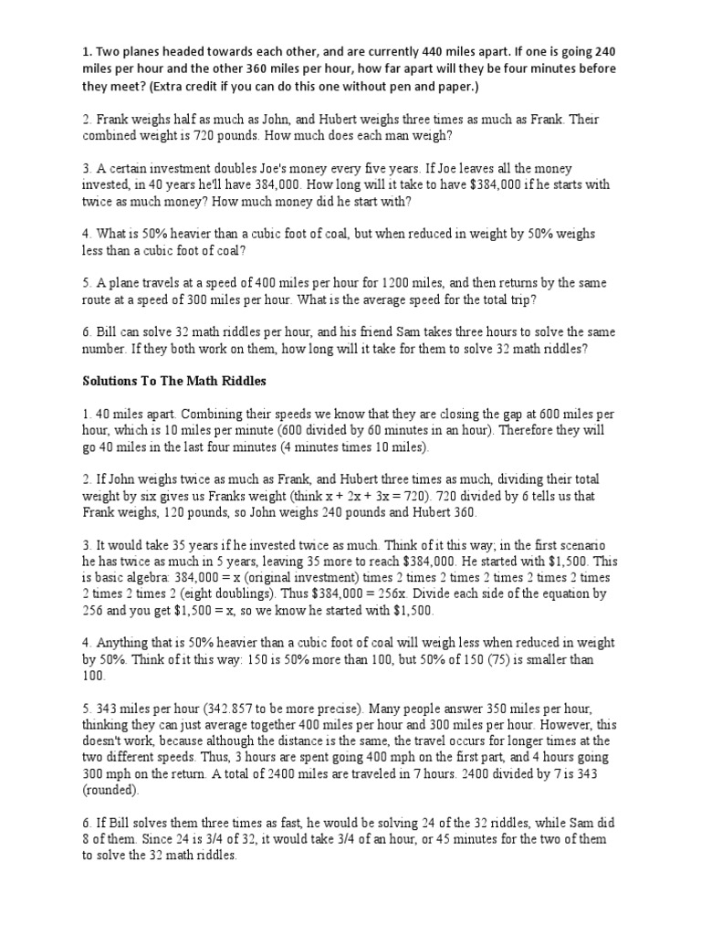 Solutions To The Math Riddles | PDF | Speed | Magnet