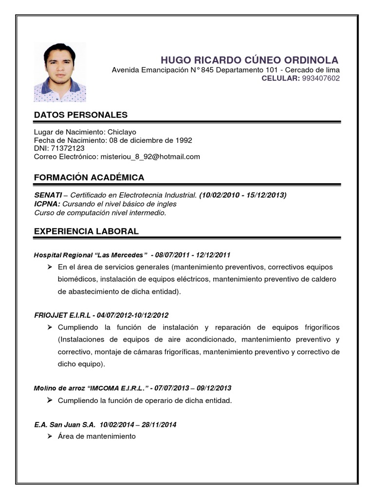 Curriculum Vitae (MCP) - Hugo Ricardo Cúneo Ordinola | PDF | Electricista | Ingenieria Eléctrica