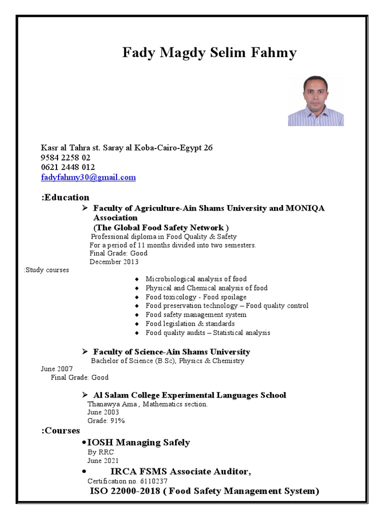 Fady Magdy Selim Fahmy: Education | PDF | Food Safety | Hazard Analysis ...