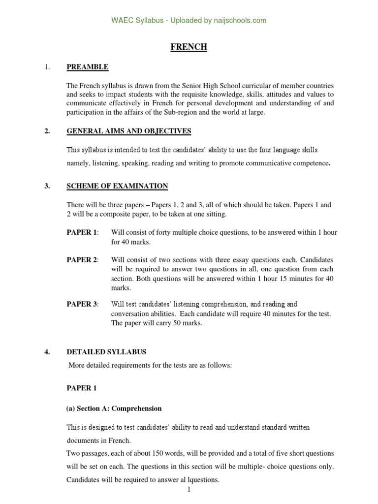 WAEC Syllabus For French | PDF | Grammatical Gender | Semantic Units