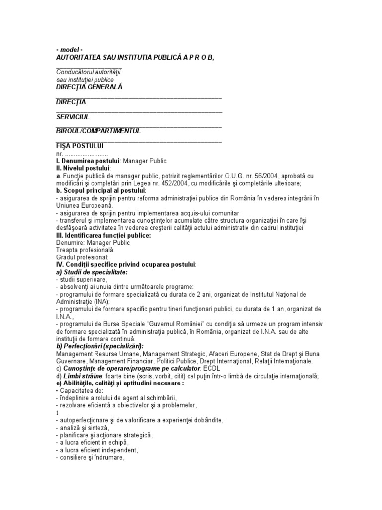 Fisa Postului Model | PDF