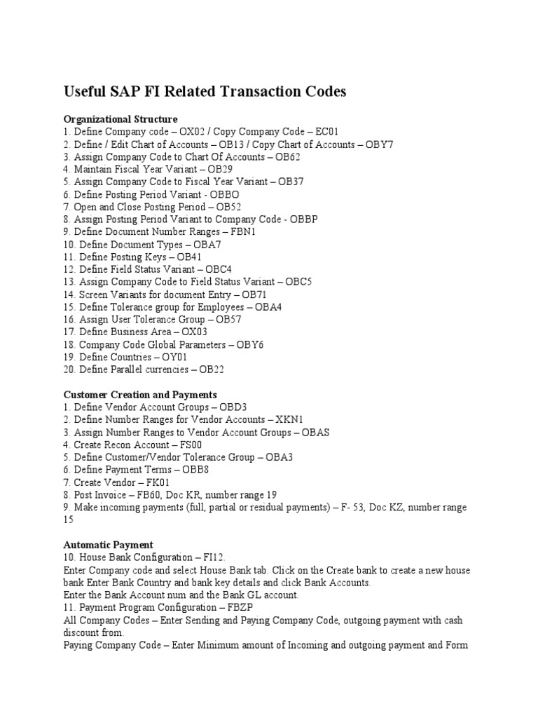 Useful SAP FI Related Transaction Codes | PDF | Depreciation | Payments