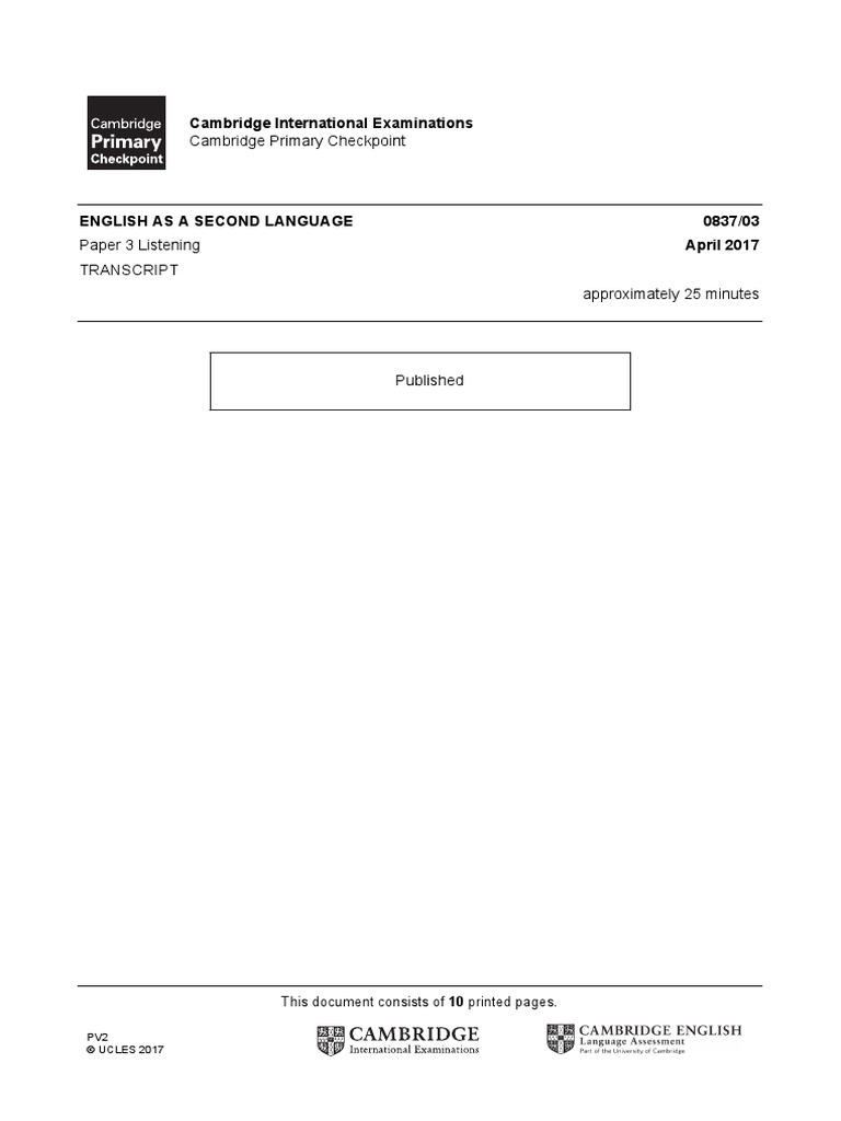 Cambridge Primary Checkpoint - English As A Second Language (0837 ...