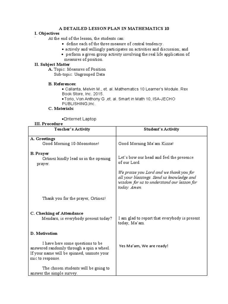 A Detailed Lesson Plan in Mathematics 10 I. Objectives | PDF | Quartile ...