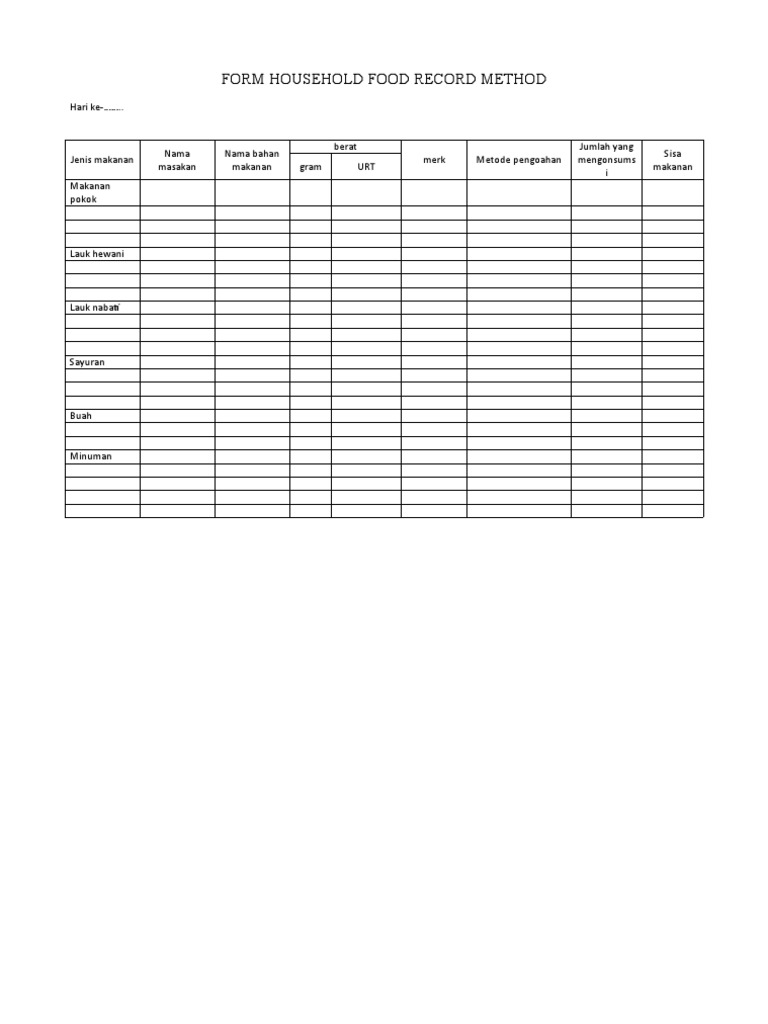 Form Household Food Record Method 2 | PDF